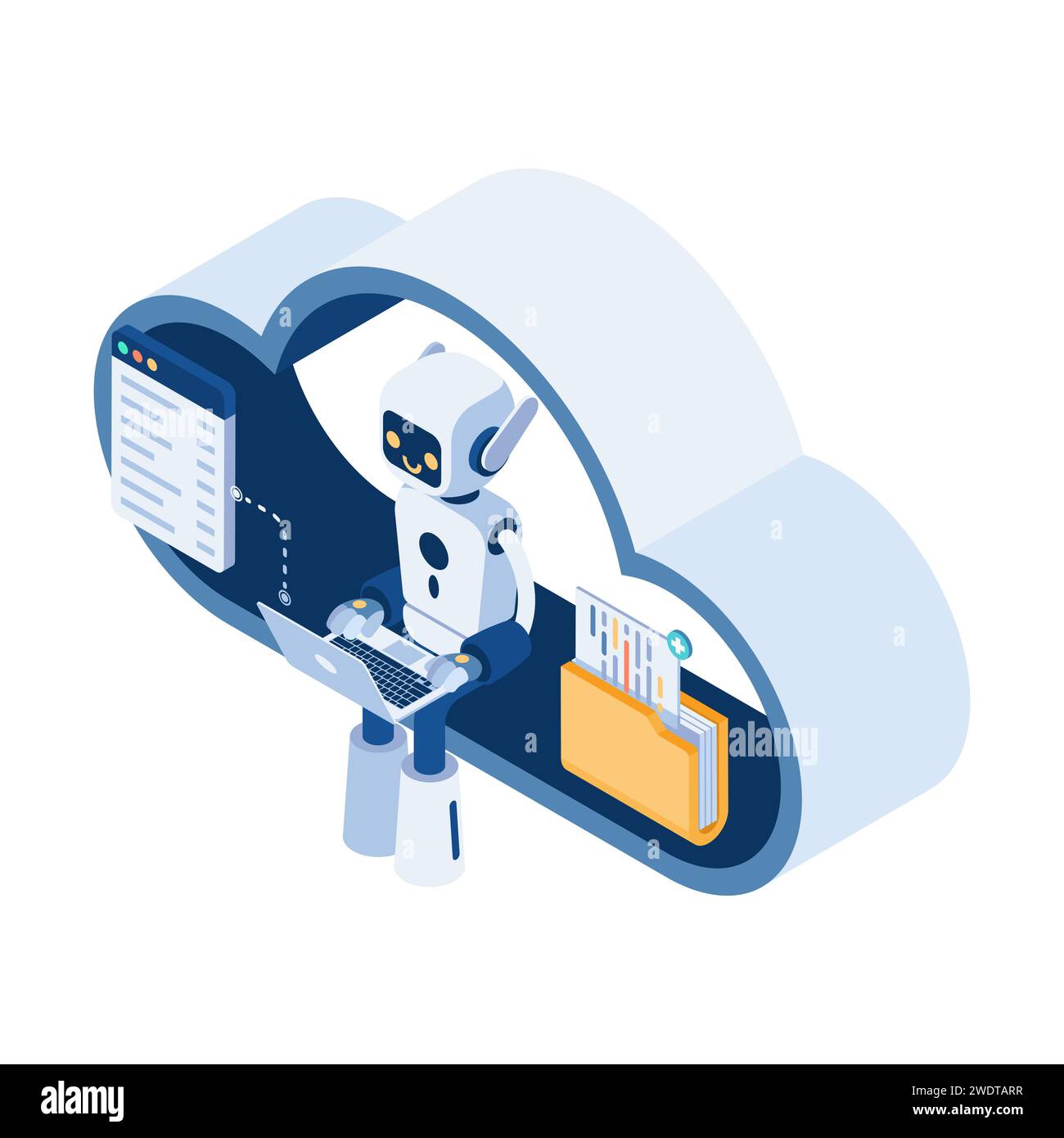 Flat 3d Isometric AI Robot Working on Cloud. Artificial Intelligence in Cloud Computing Concept ...