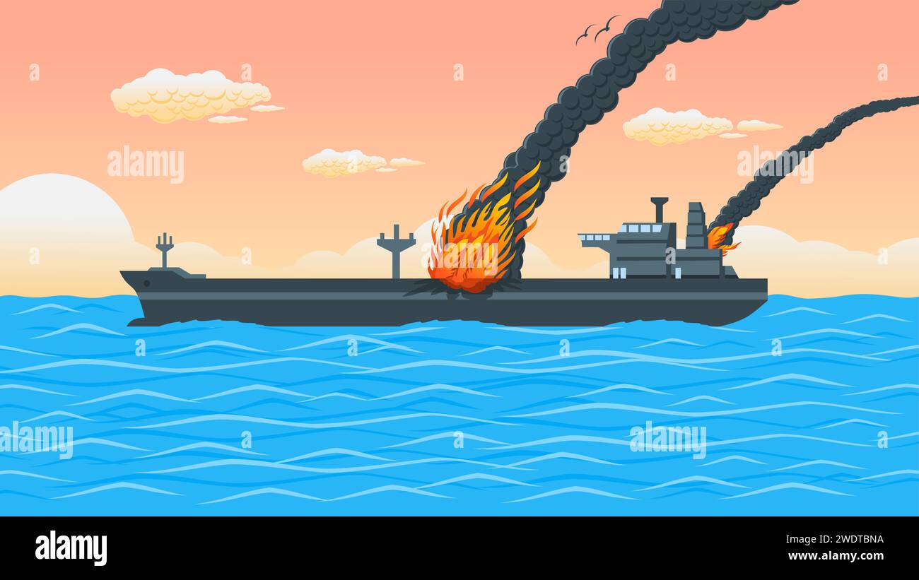 Burning Ship in The Sea. Red Sea Conflict Illustration Stock Vector ...