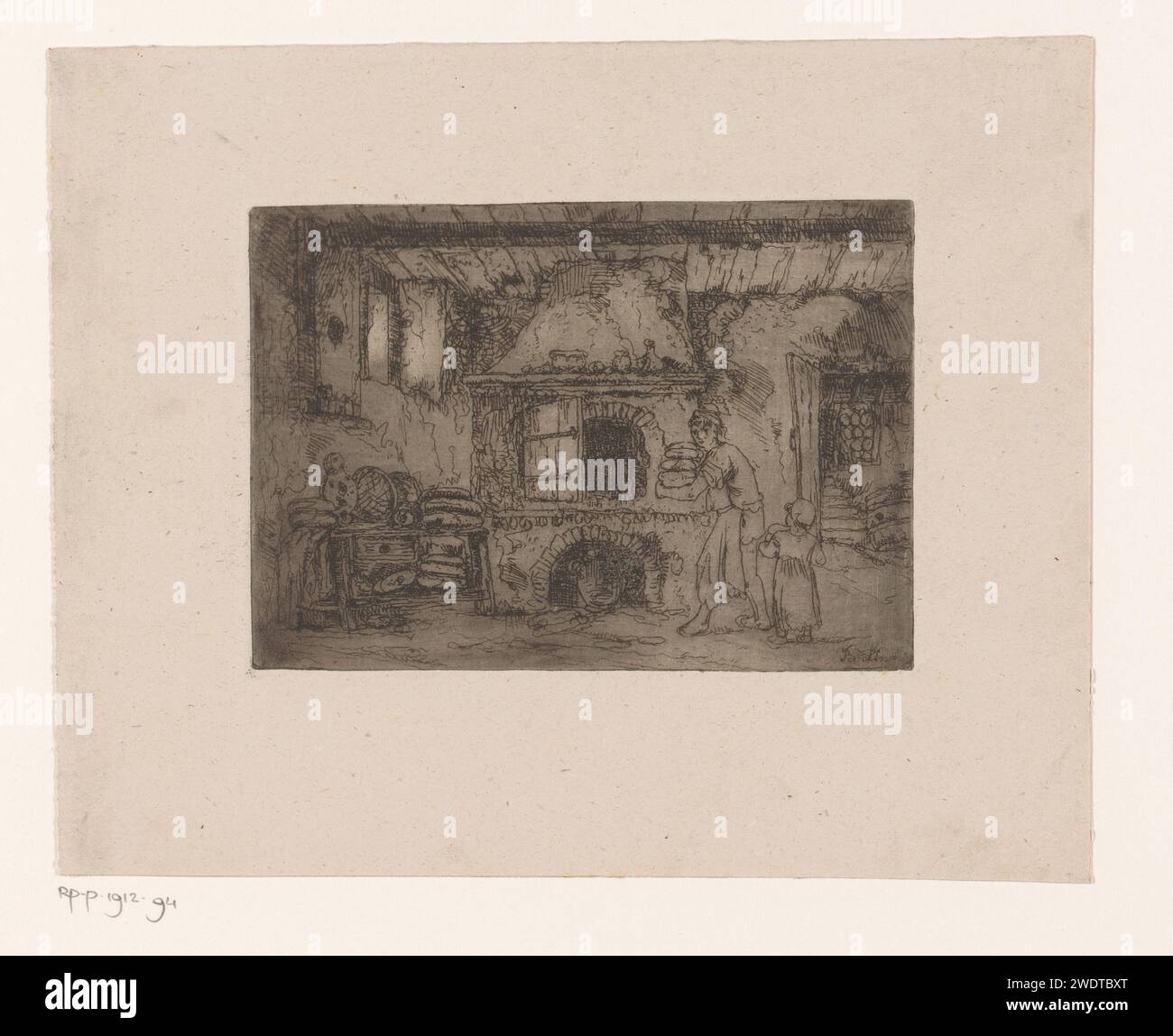 Interior of a bakery with baker and child, Ben Linnig, 1870 - 1912 print paper etching ...