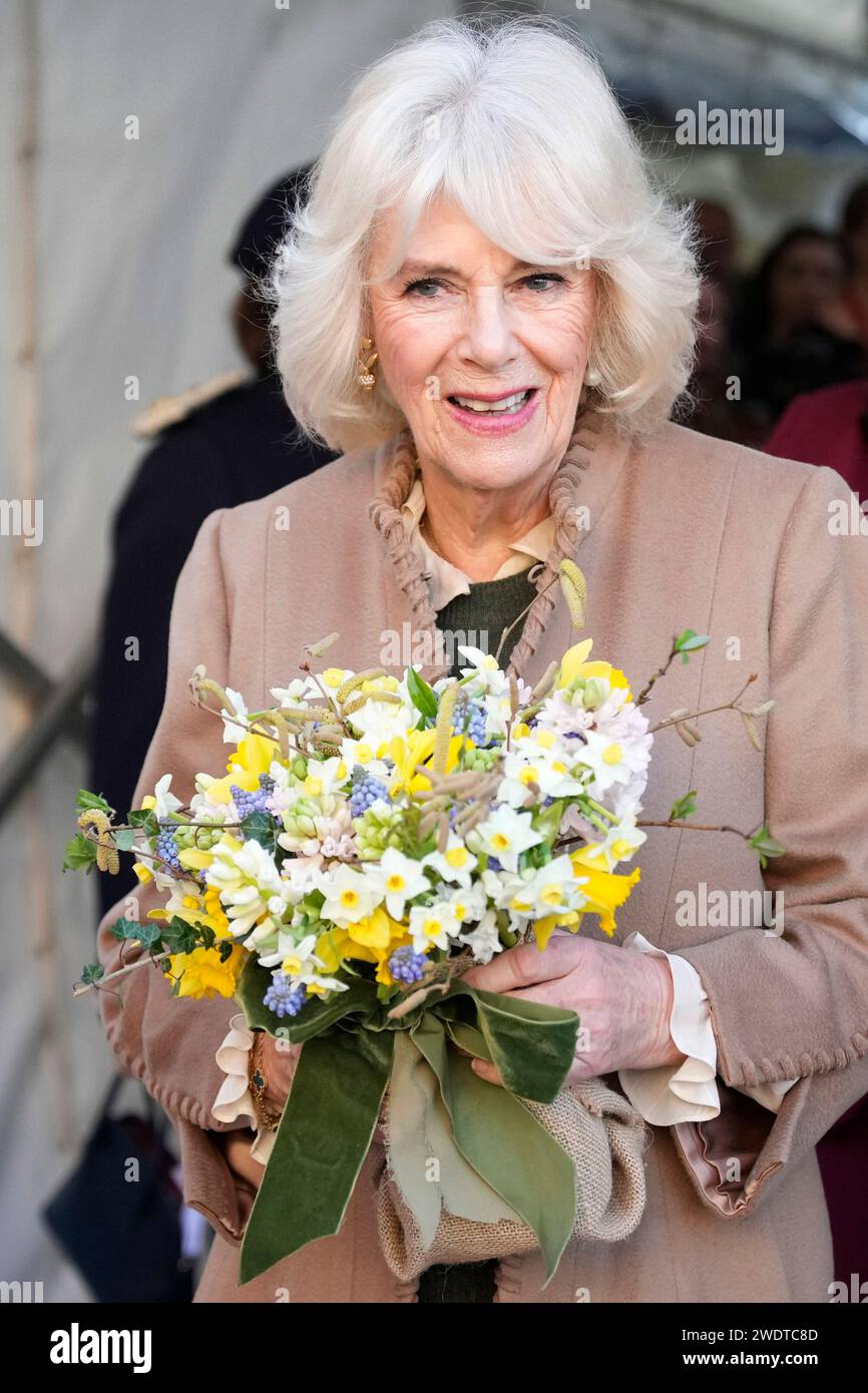 Queen Camilla leaves following a visit to the Swindon Domestic Abuse ...