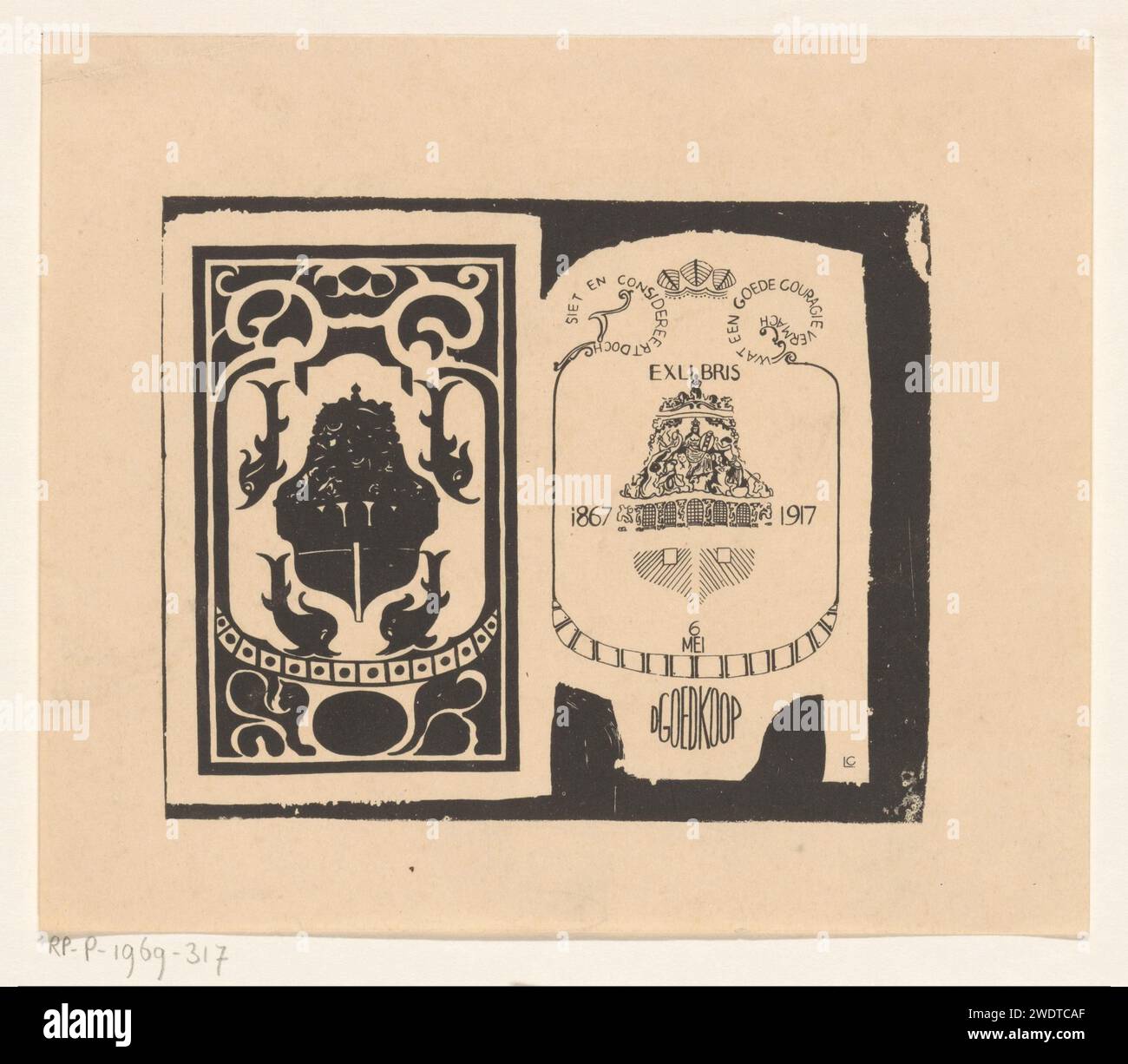 Ex Libris van D. Cheap, Carel Adolph Lion Cachet, 1917 print On the ...