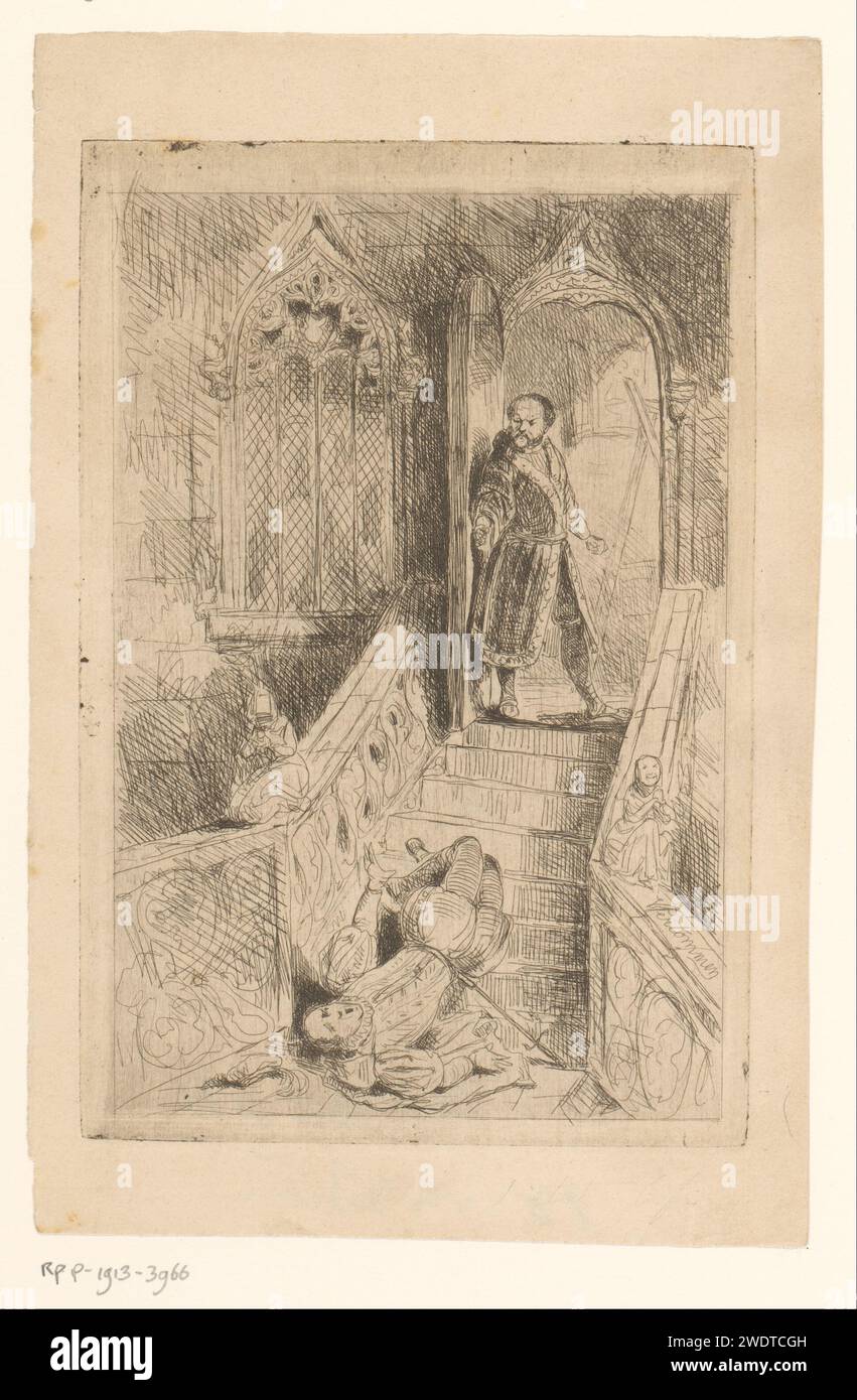 Erasmus at the top a staircase with a fallen man at the bottom ...