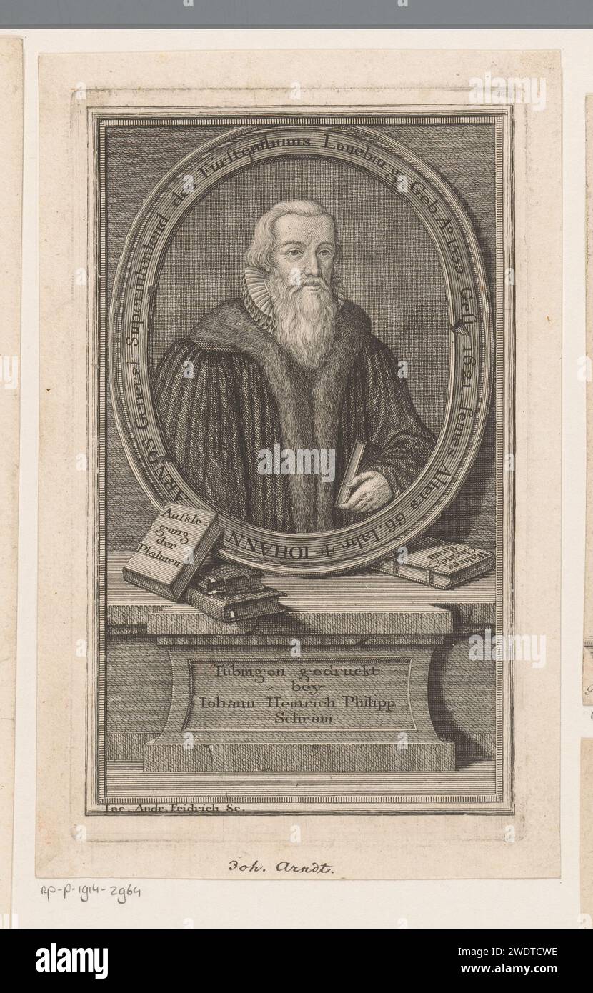 Portrait of Johann Arndt at the age of 66, Jacob Andreas Fridrich (I), 1694 - 1751 print paper ...