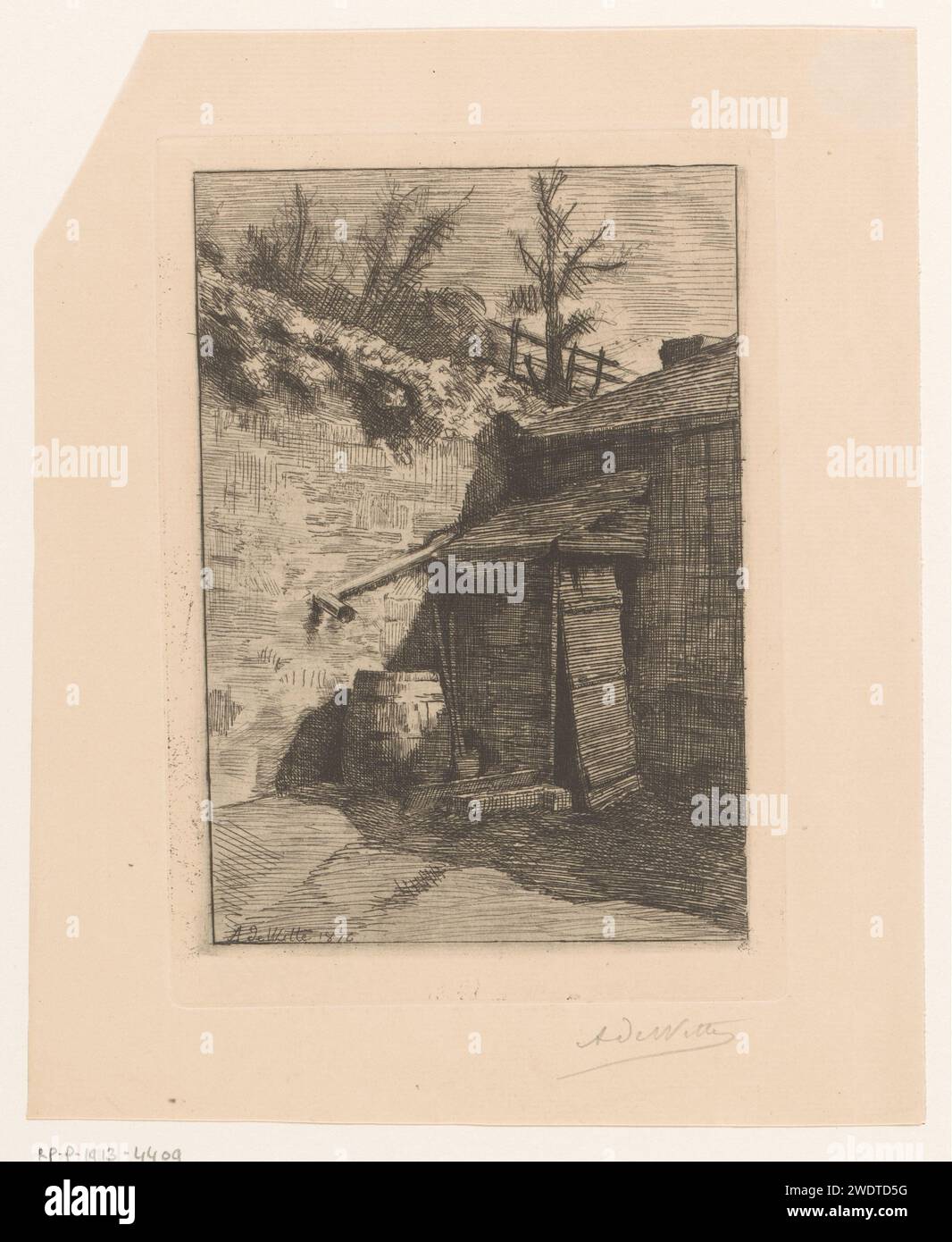 Yard with rain barrel, Adrien de Witte, 1876 print paper etching wooden ...