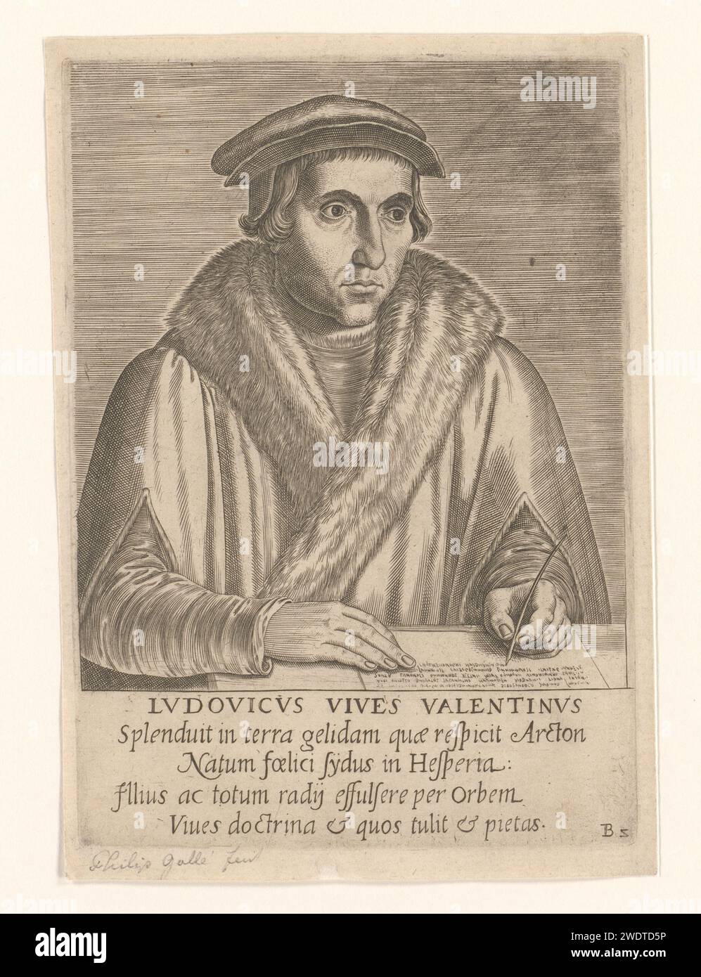 Portret Van Juan Luis Vives, Philips Galle, 1572 print With four -line ...