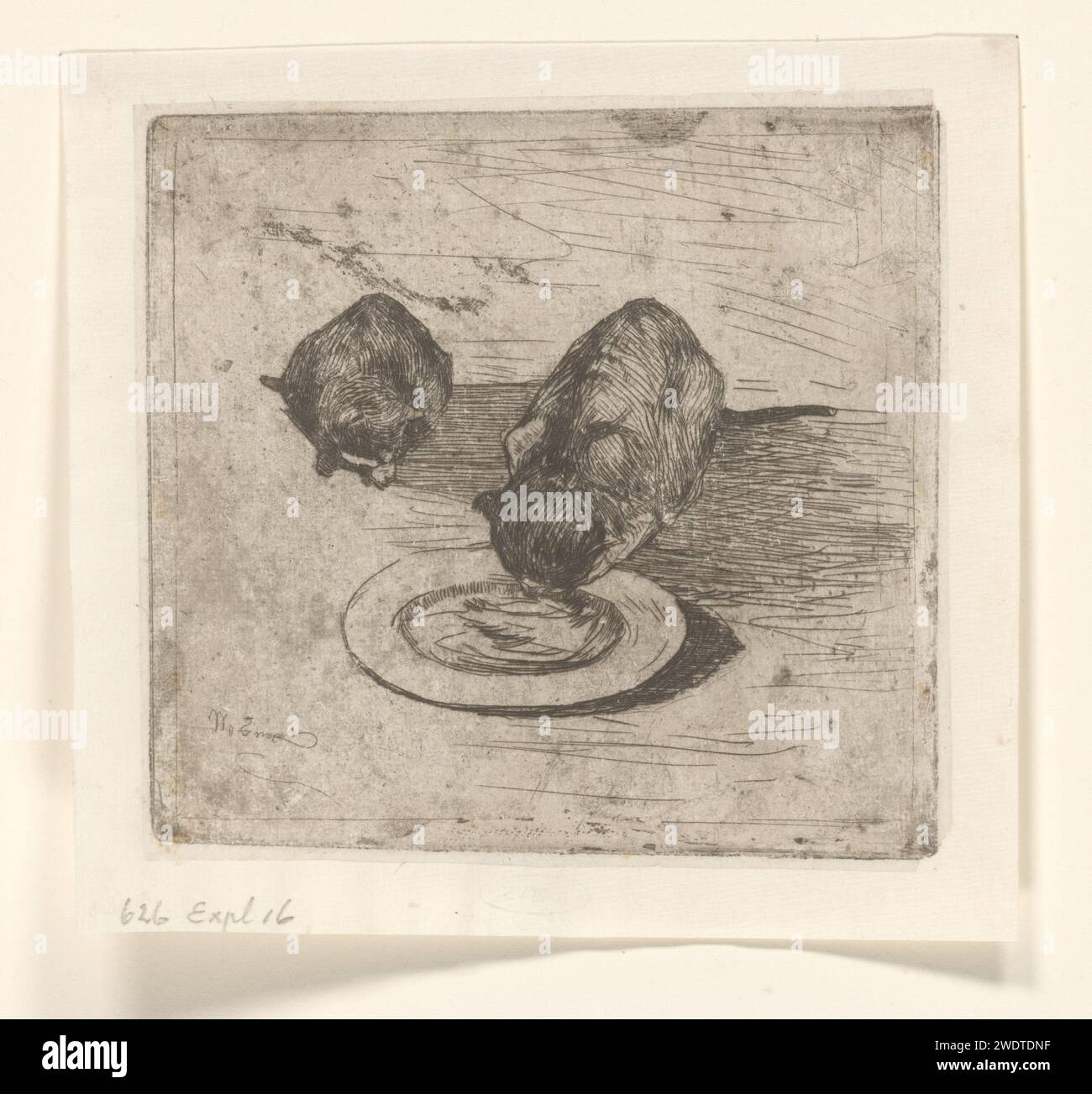 Two cats, one drinking from a plate, Willem de Zwart, c. 1885 print ...