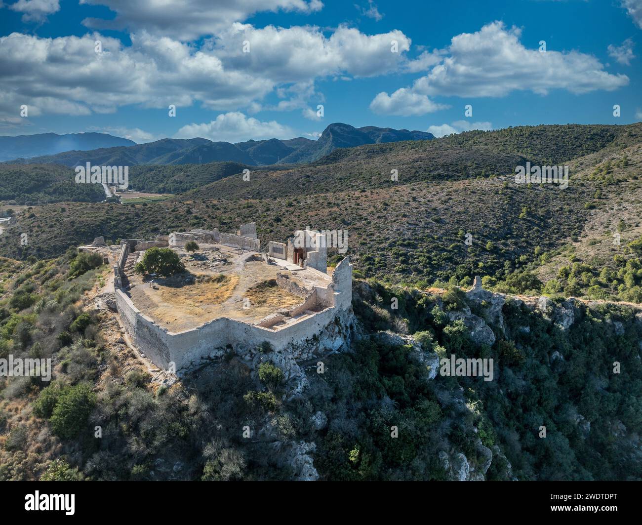 Aerial view of Bairen medieval castle ruin near Gandia in Spain with ...