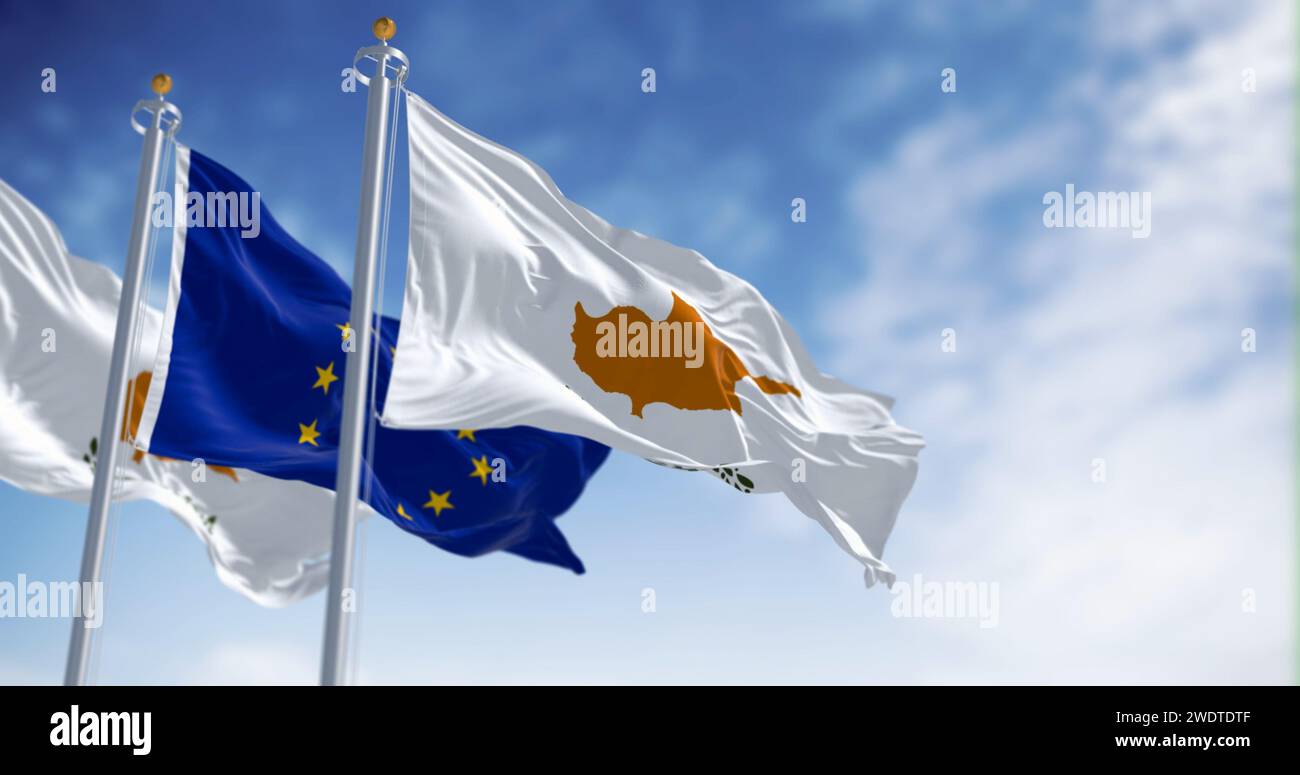 Cyprus national flag waving in the wind with the European Union flag on ...