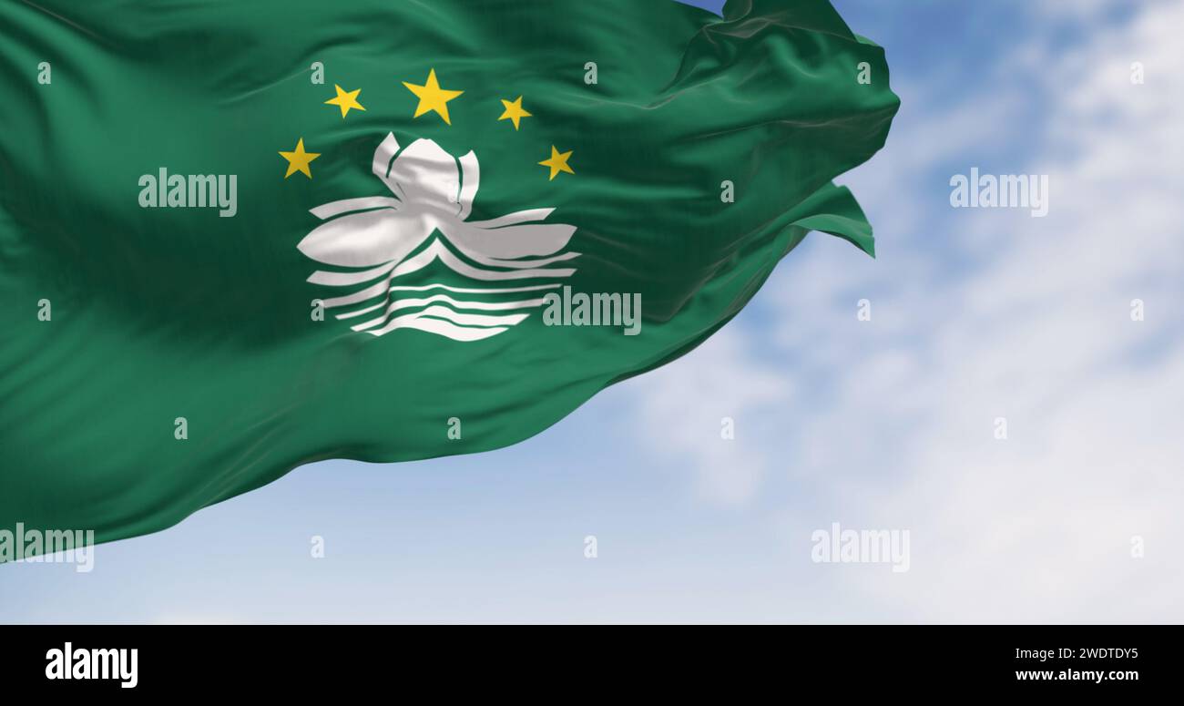 Close-up of Macau flag waving on a clear day. Green area, lotus flower ...