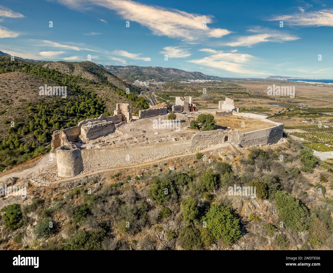 Aerial view of Bairen medieval castle ruin near Gandia in Spain with ...
