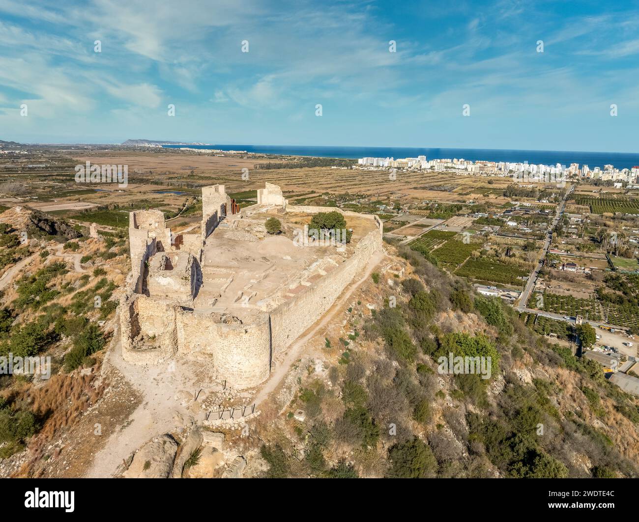 Aerial view of Bairen medieval castle ruin near Gandia in Spain with ...