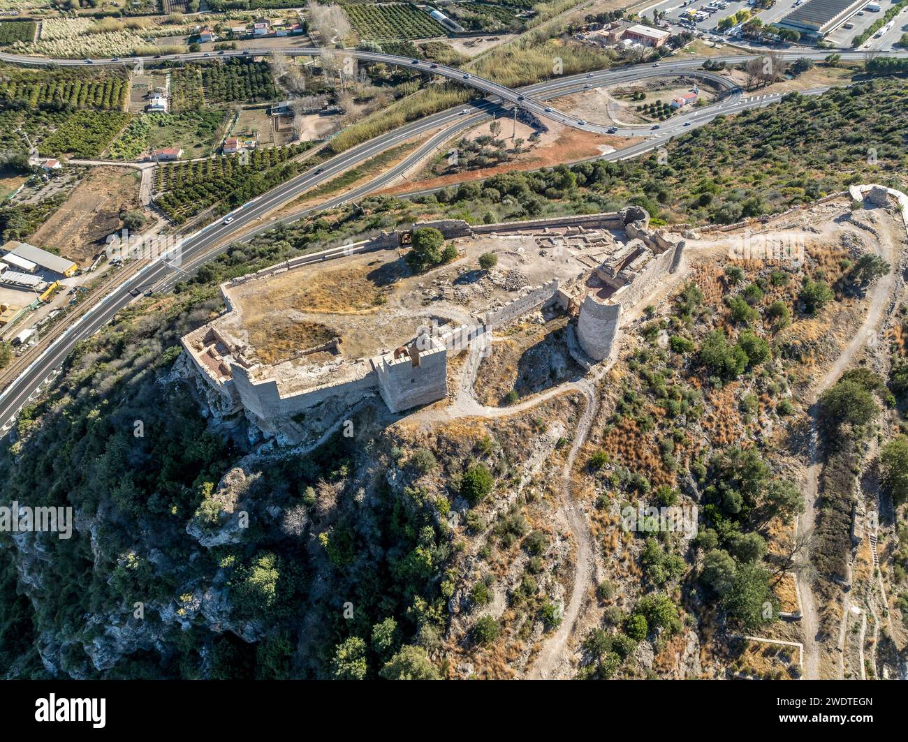 Aerial view of Bairen medieval castle ruin near Gandia in Spain with ...