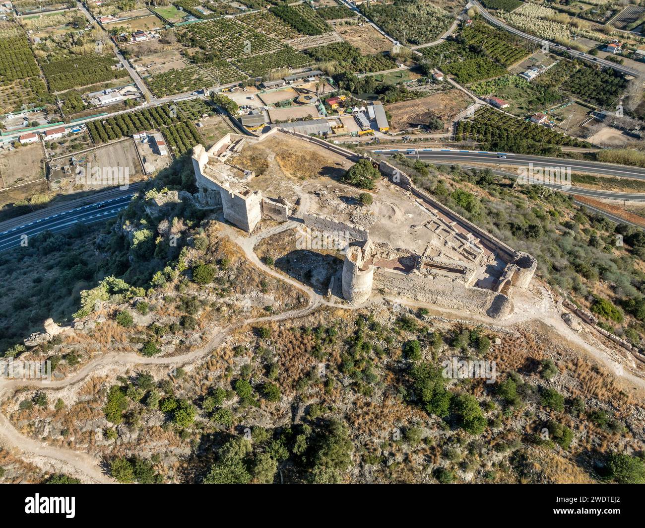 Aerial view of Bairen medieval castle ruin near Gandia in Spain with ...