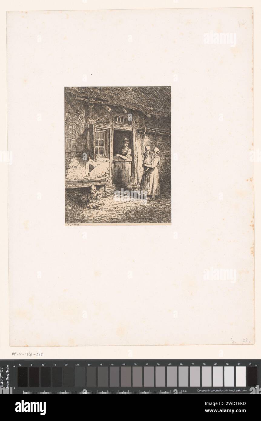 Two women with children at the door of a farm, Charles Emile Jacque ...