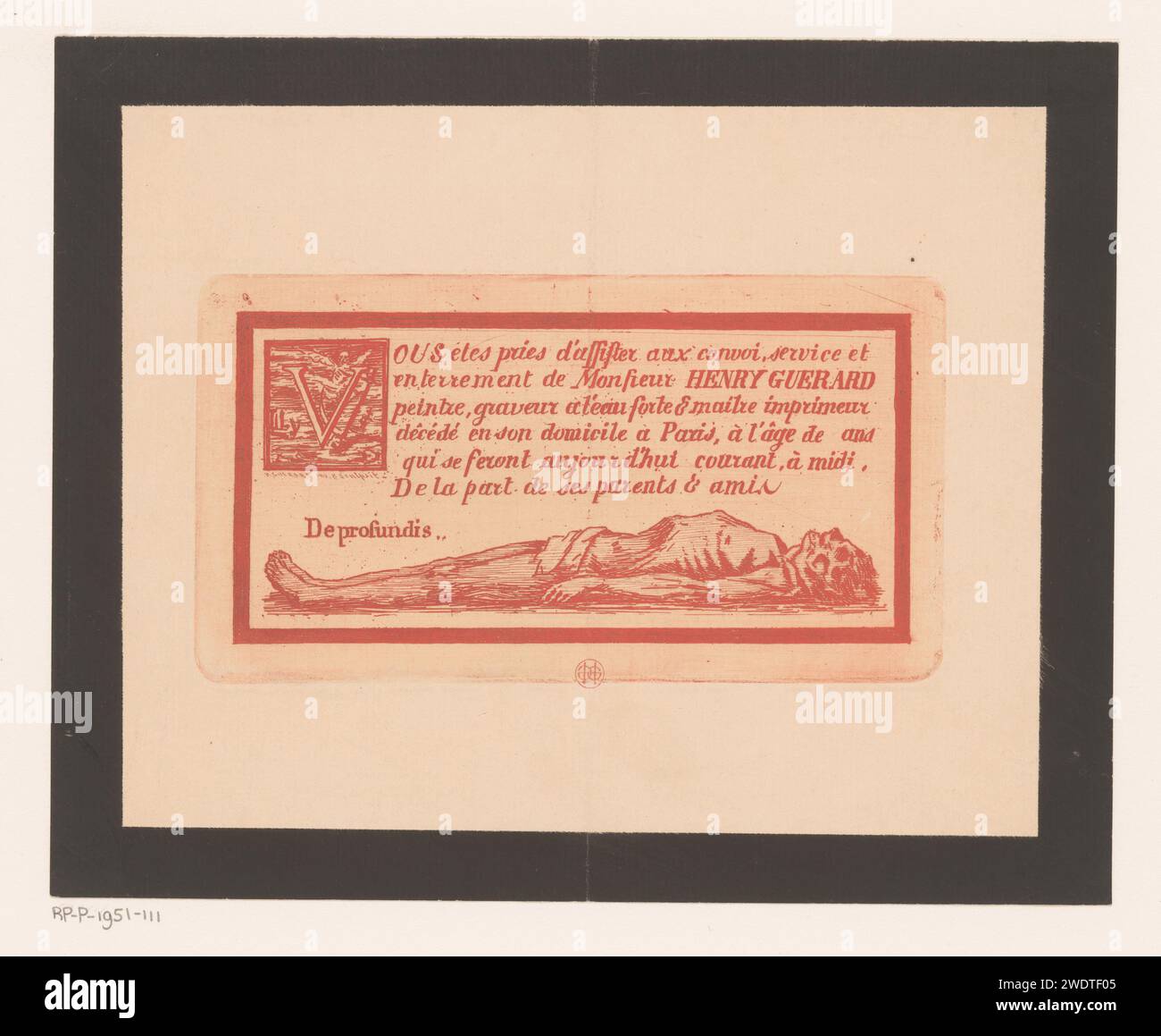 Announcement of funeral with initial with death and below a lying body ...