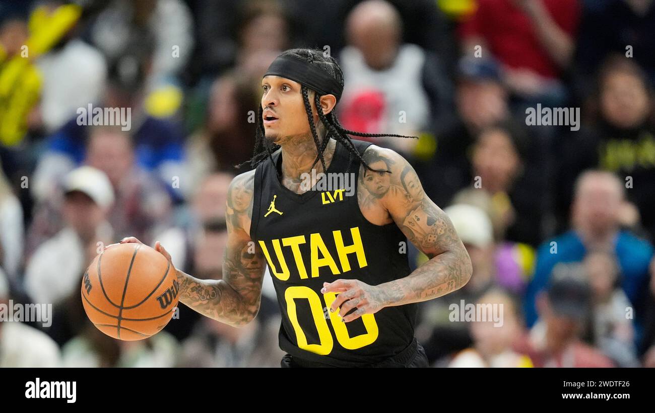 Utah Jazz guard Jordan Clarkson (00) brings the ball up court during ...