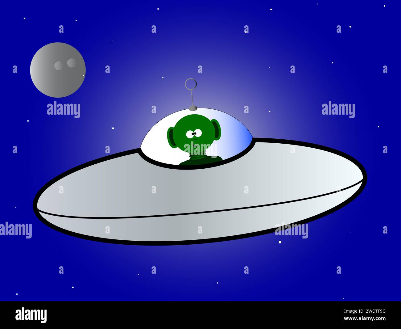 Cartoon flying saucer and alien against a star sky backdrop Stock Photo ...