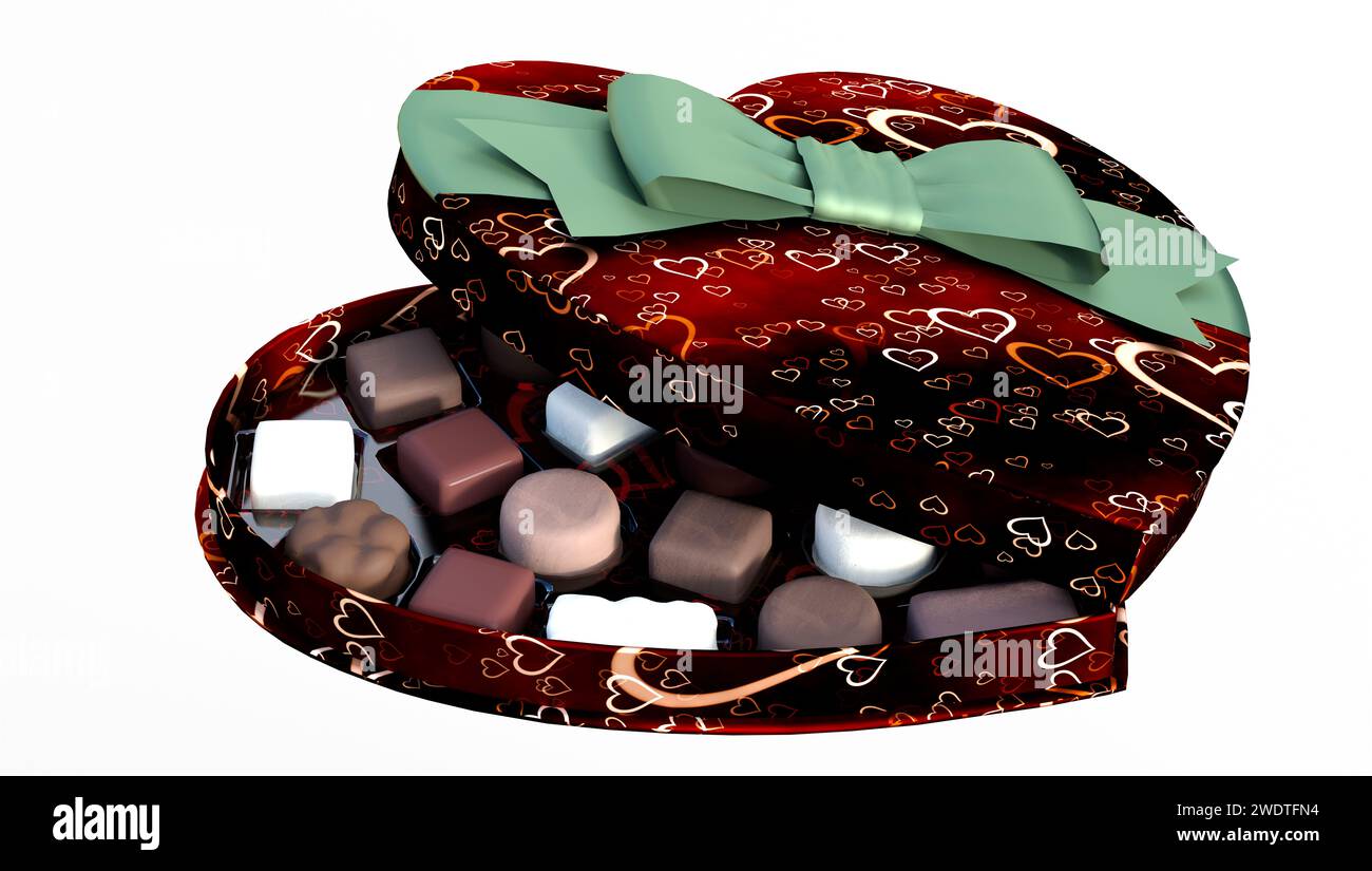 3D rendering of a Valentine heart shaped candy box isolated on white ...