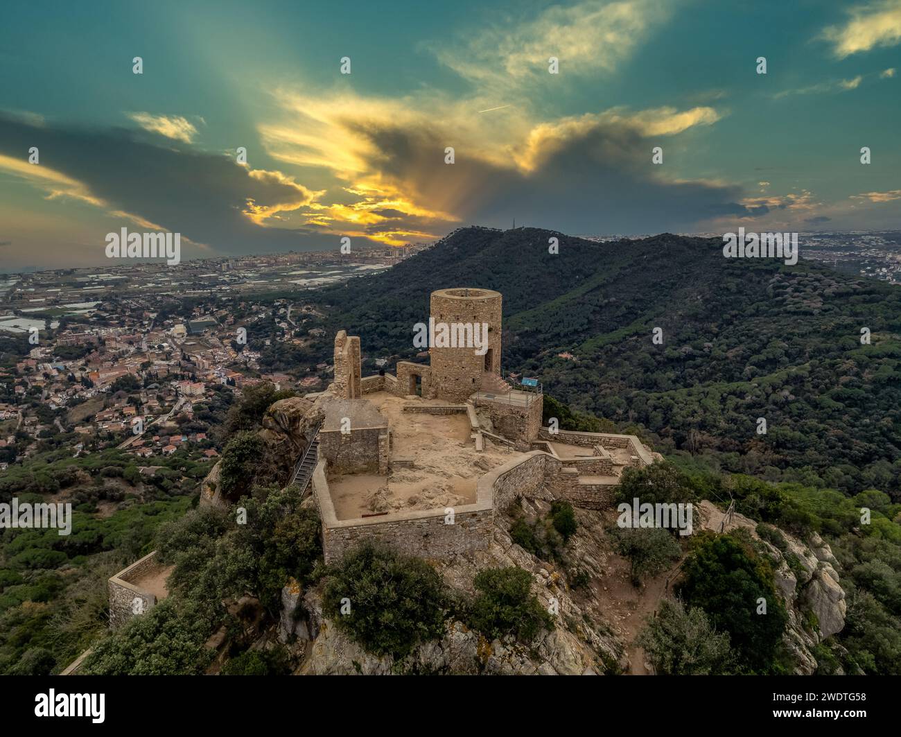 Aerial sunset view of the remains of a small, 11th-century Burriac ...