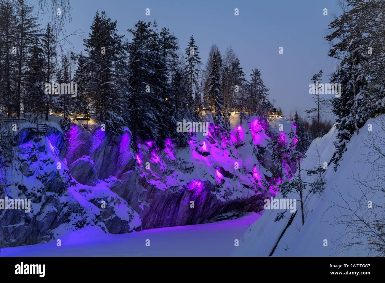 RUSKEALA, RUSSIA - JANUARY 20, 2024: Winter evening in the old Marble ...
