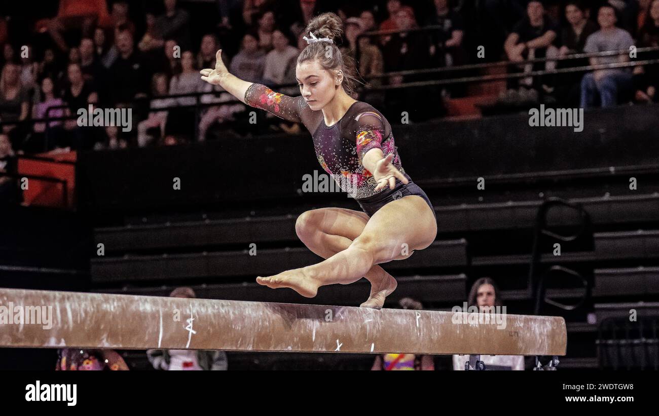 Corvallis, USA. 21st Jan, 2024. OSU's Ellie Weaver executes a double ...