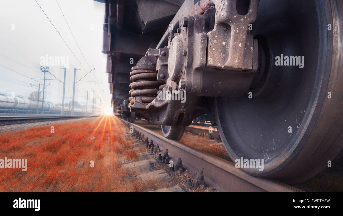 Bottom View of the wheels of a train traveling fast by rail. Fast cargo ...