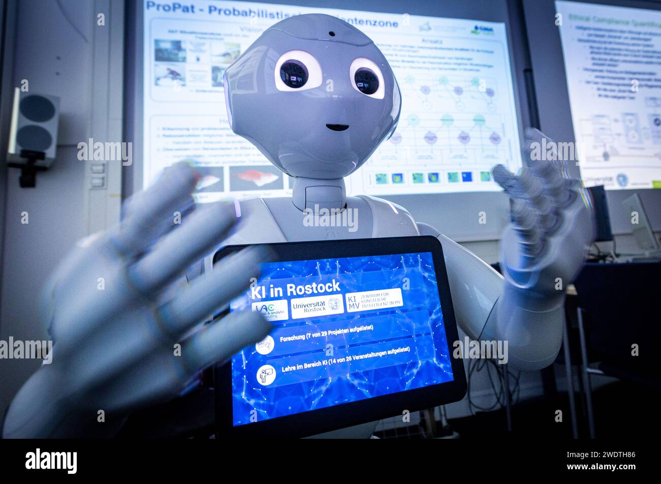 Rostock, Germany. 22nd Jan, 2024. The words "AI in Rostock" can be read ...