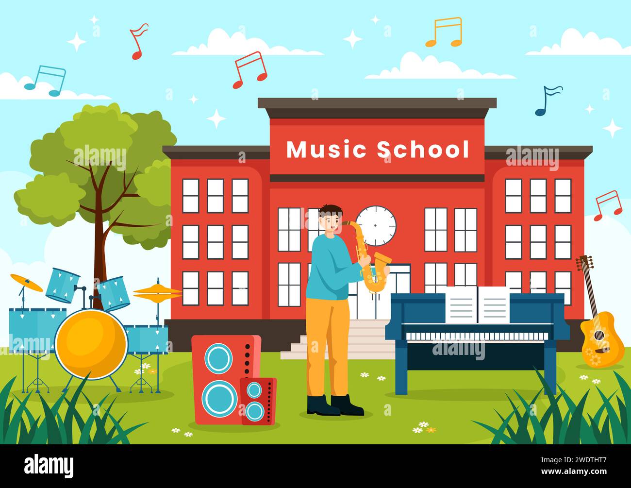 Music School Vector Illustration with Playing Various Musical ...