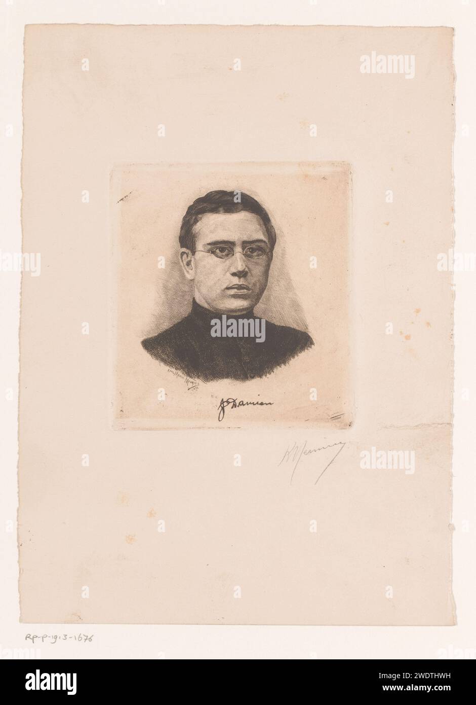 Portrait of Damiaan van Molokai, Karl Meunier, 1891 print paper etching ...