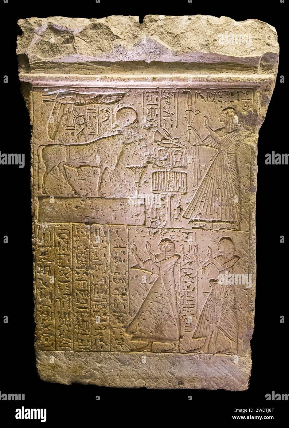 Egypt, Saqqara, Serapeum, bull Apis stele with the prince Merenptah ...