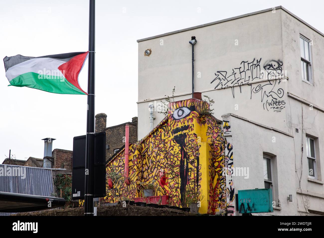 London, UK. 21st January, 2024. A Palestinian flag is pictured flying ...