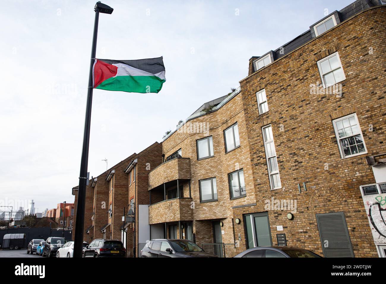 London, UK. 21st January, 2024. A Palestinian flag is pictured flying ...