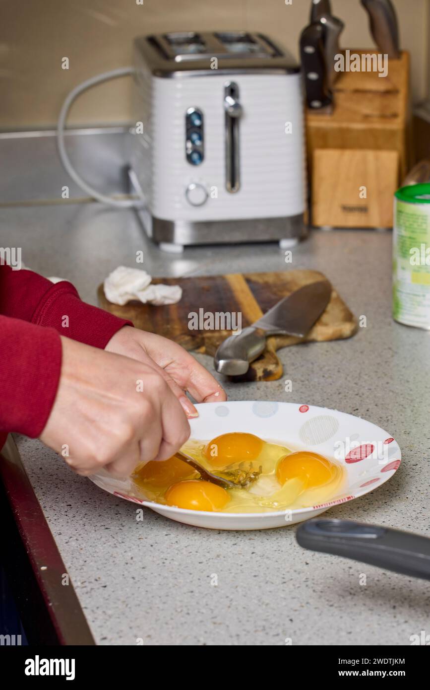 Woman's hands with a fork mixing eggs in a plate to prepare them Stock ...