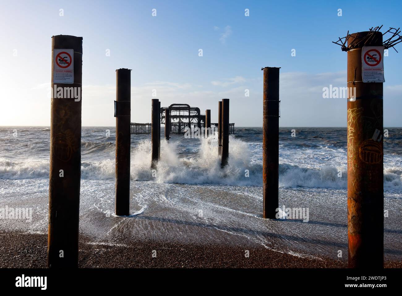 Hove , City of Brighton & Hove, East Sussex, UK. The West Pier battered ...