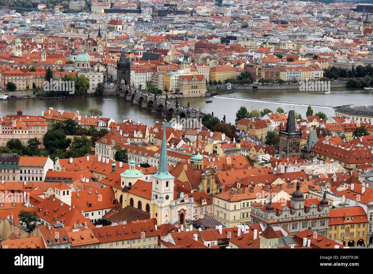 Panorama of Prague Old Town with red roofs famous Charles bridge and ...