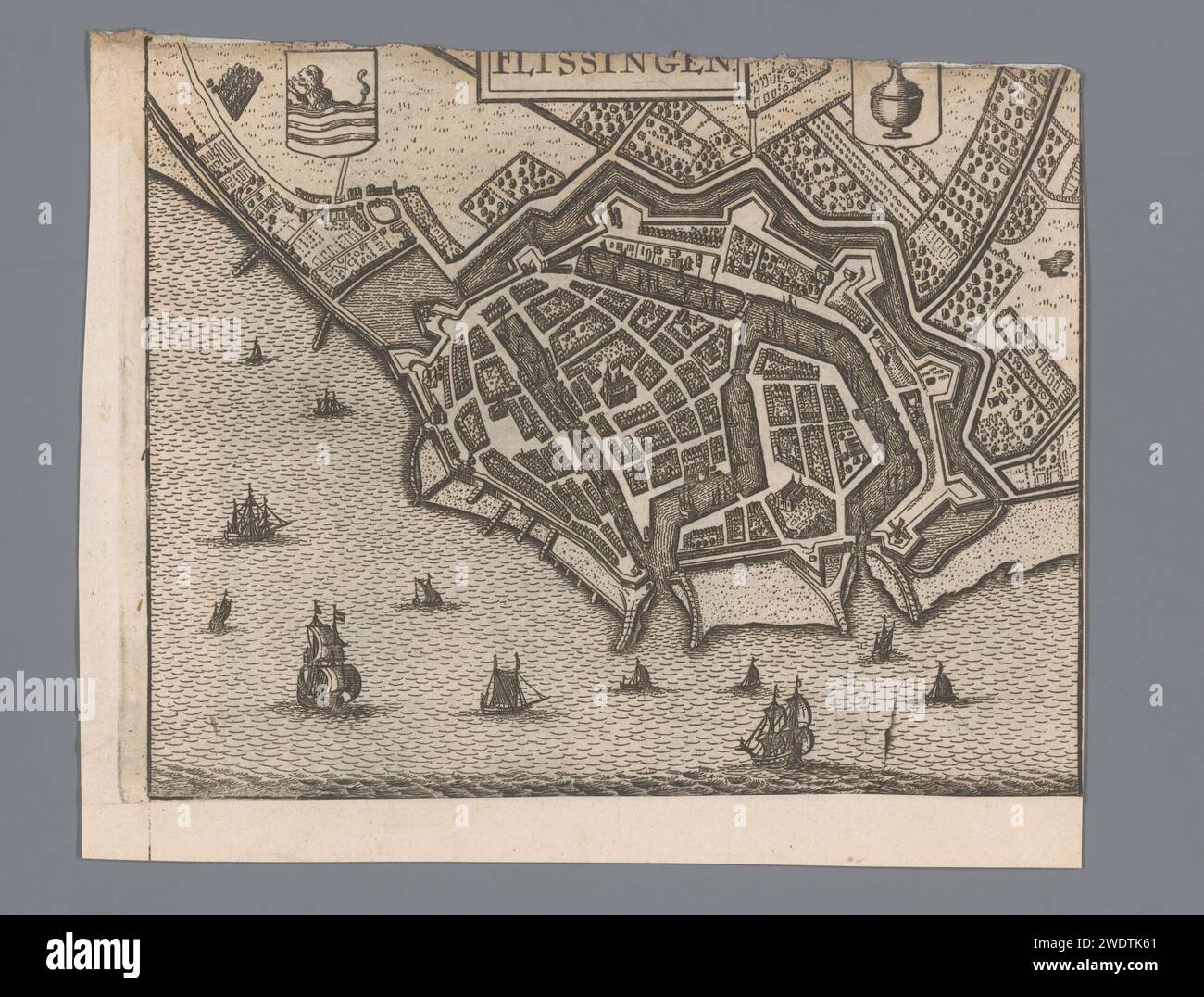 Map of Vlissingen, Anonymous, 1652 print At the top right the city coat of arms. print maker ...