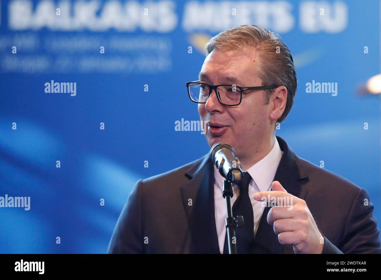 Serbia's President Aleksandar Vucic speaks during doorstep statements ...