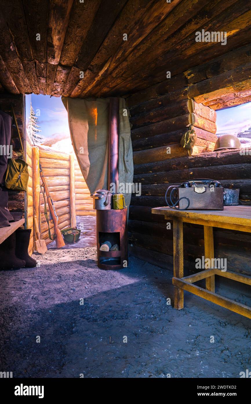 A diorama of a dug out, log cabin bunker, used for army, military ...