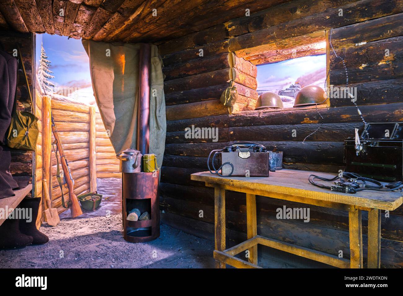 A diorama of a dug out, log cabin bunker, used for army, military ...