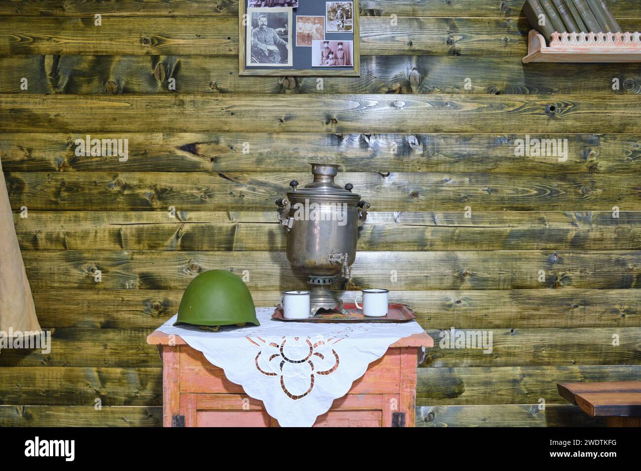 A diorama, recreation of a typical cabin, wood bunker with tea samovar ...