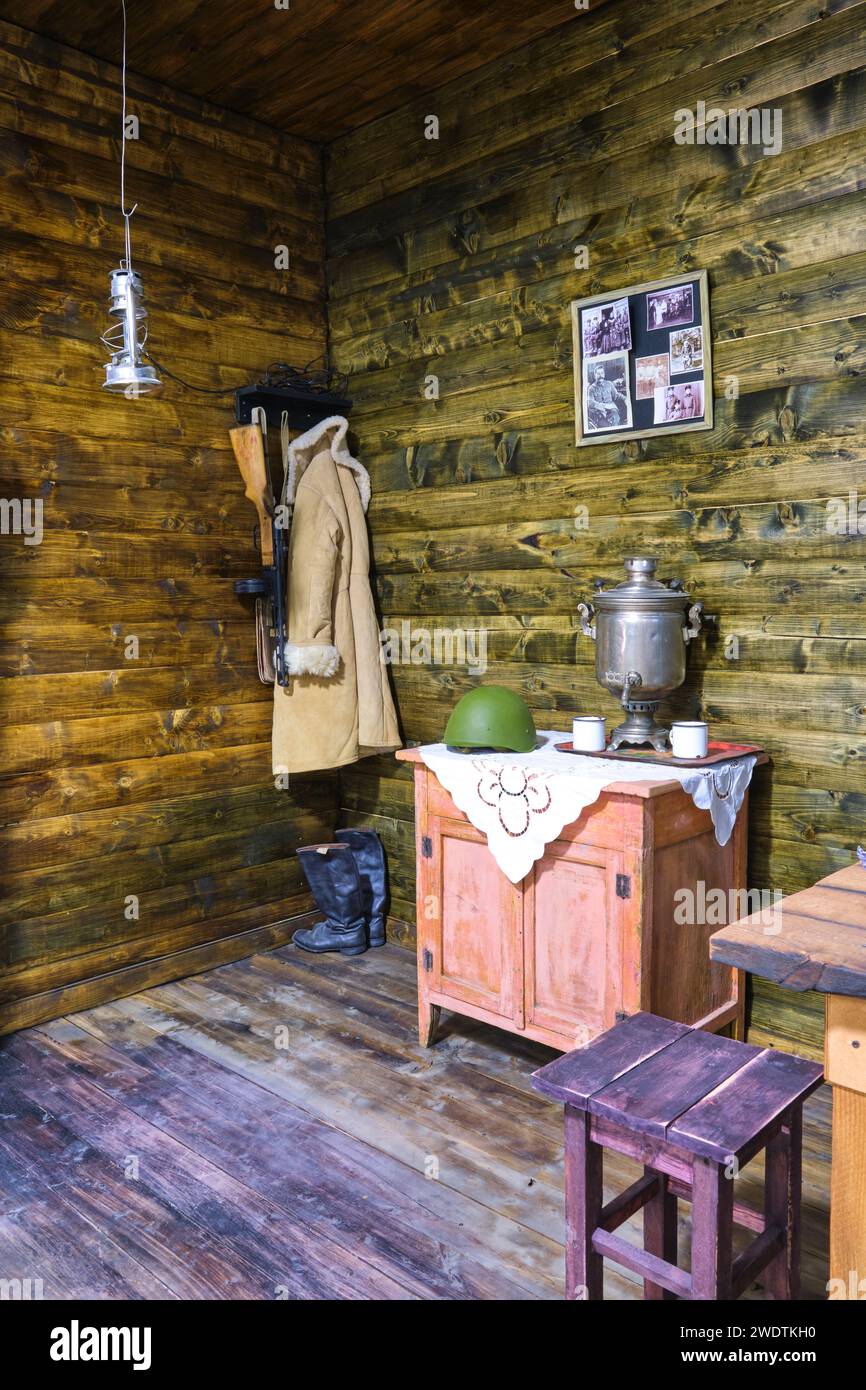A diorama, recreation of a typical cabin, wood bunker with tea samovar ...