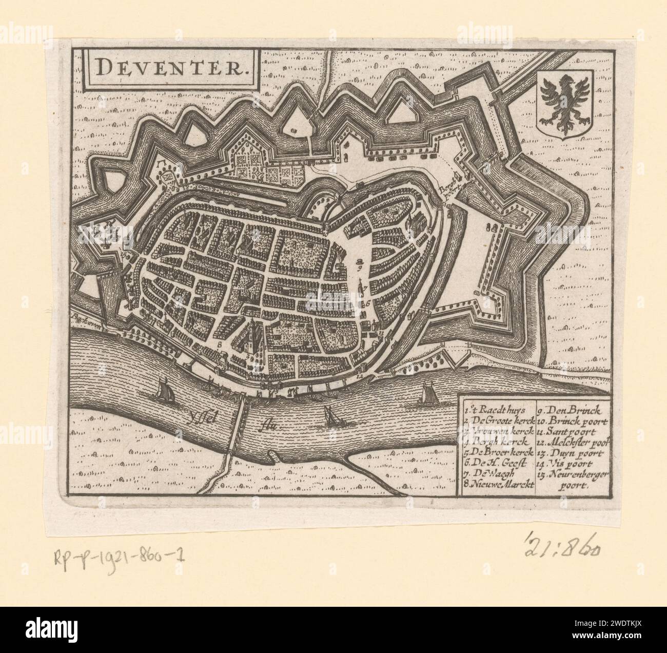 Map of Deventer, Anonymous, 1652 print At the top right the city coat ...
