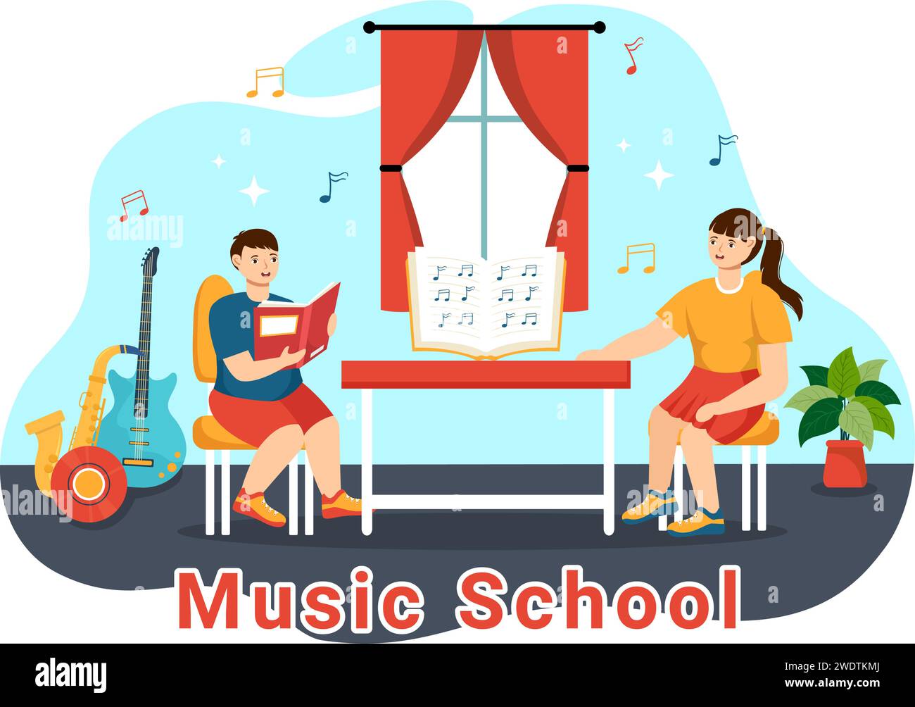 Music School Vector Illustration with Playing Various Musical ...