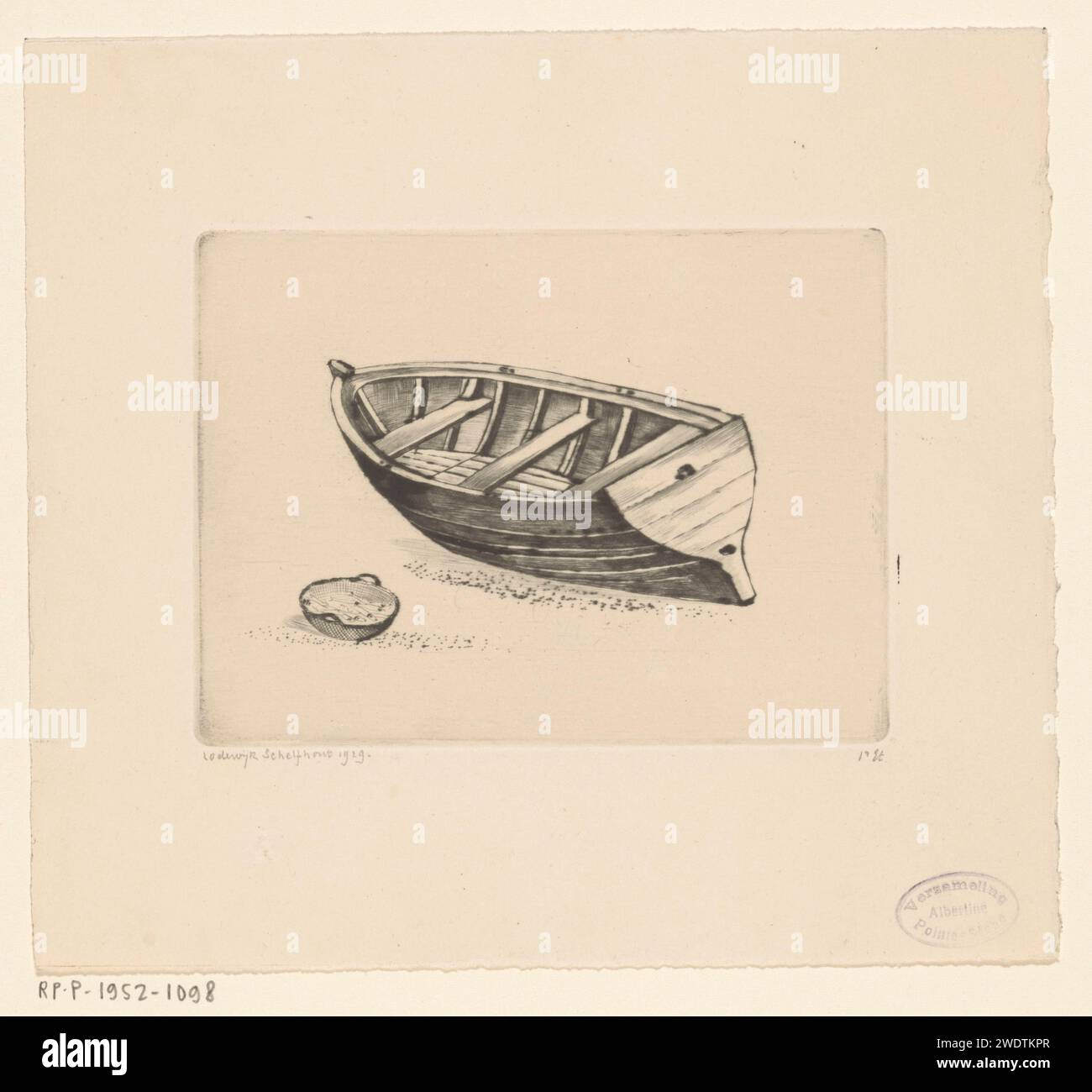 Sloep, Lodewijk Schelfhout, 1929 print A sloop and a basket with fish ...