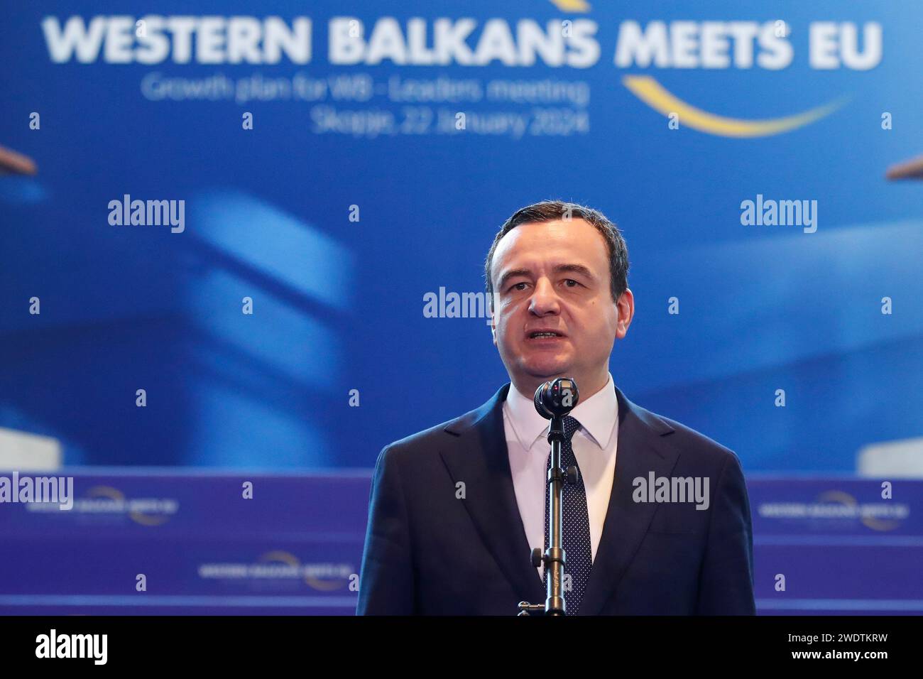 Kosovo's Prime Minister Albin Kurti speaks during doorstep statements ...