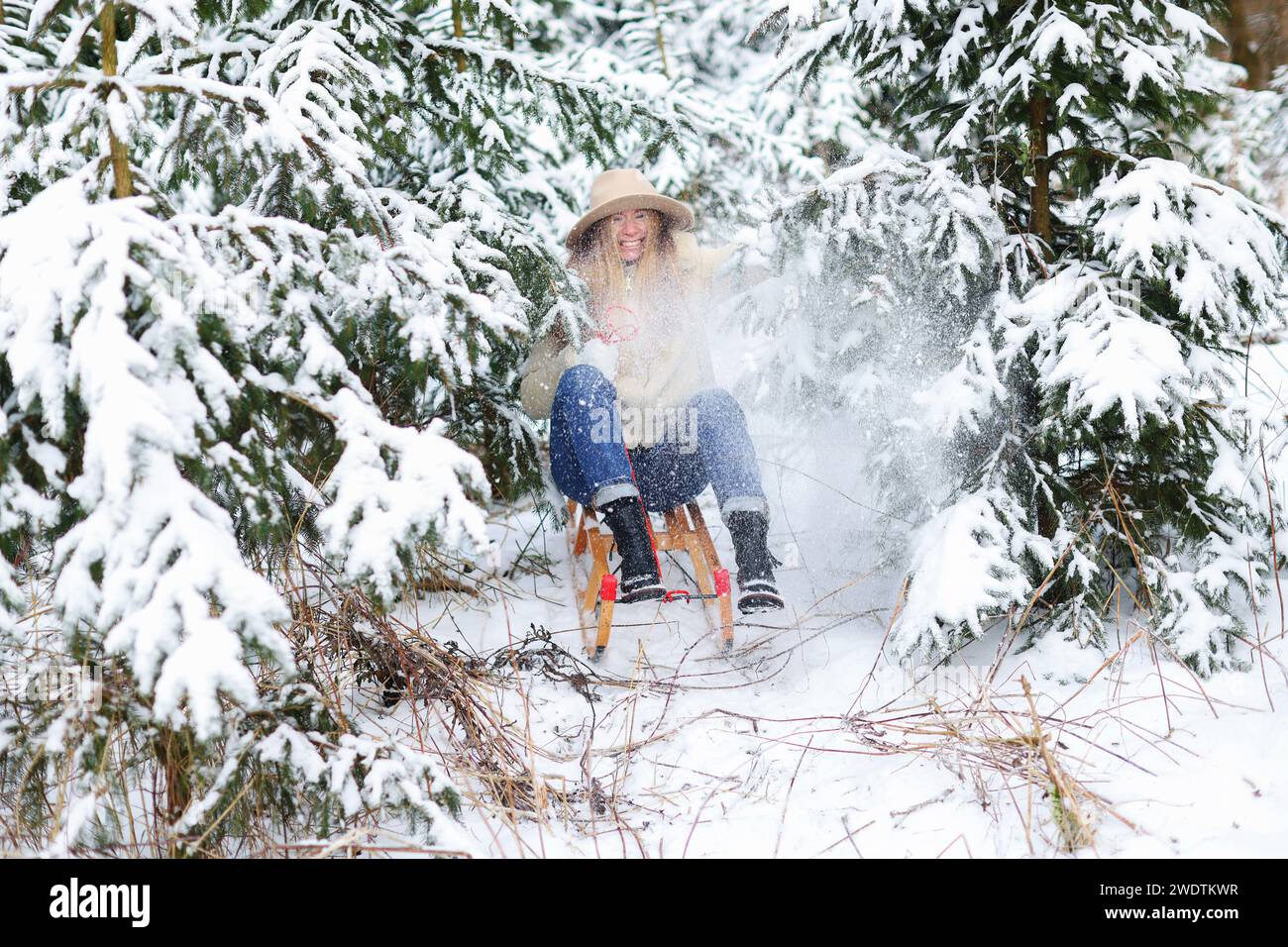 beautiful girl sledding in the winter forest Stock Photo - Alamy