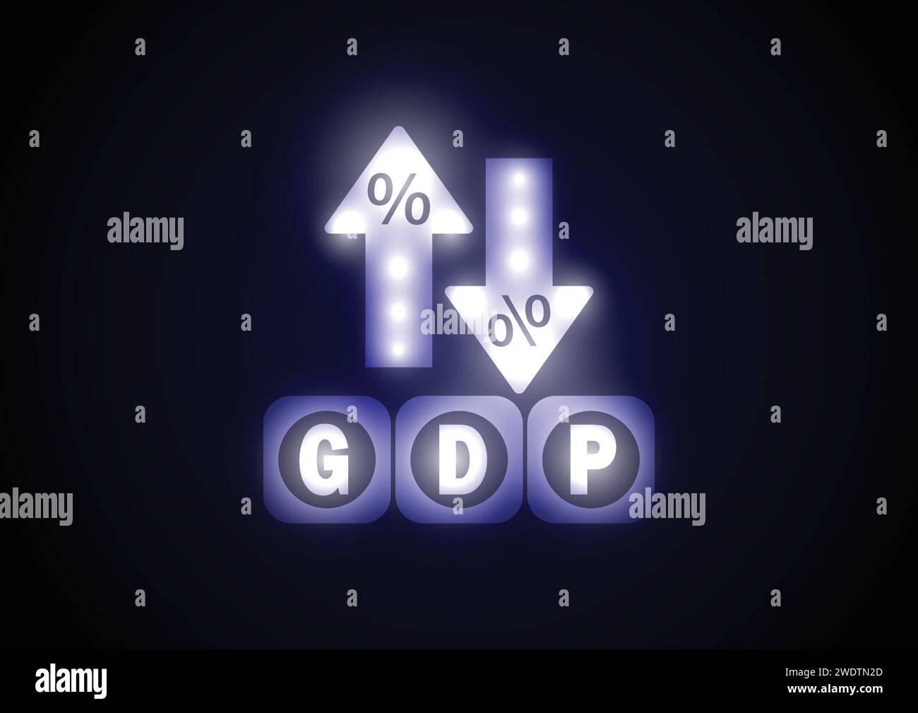 GDP business concept. Word "GDP" Gross domestic product on white neon ...