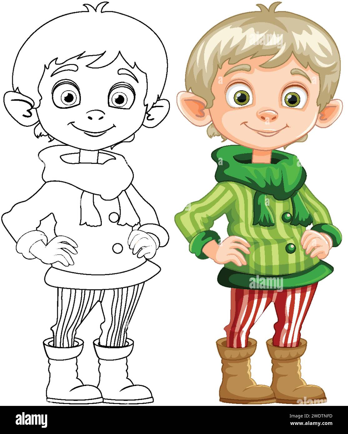 Line art and colored illustration of a happy elf Stock Vector Image ...