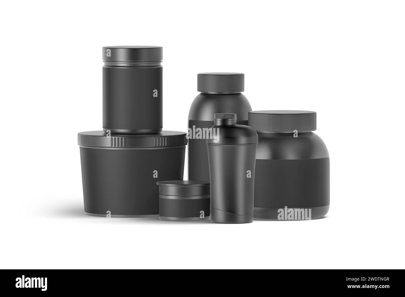 Blank black big and small protein cans mockup, front view, 3d rendering ...