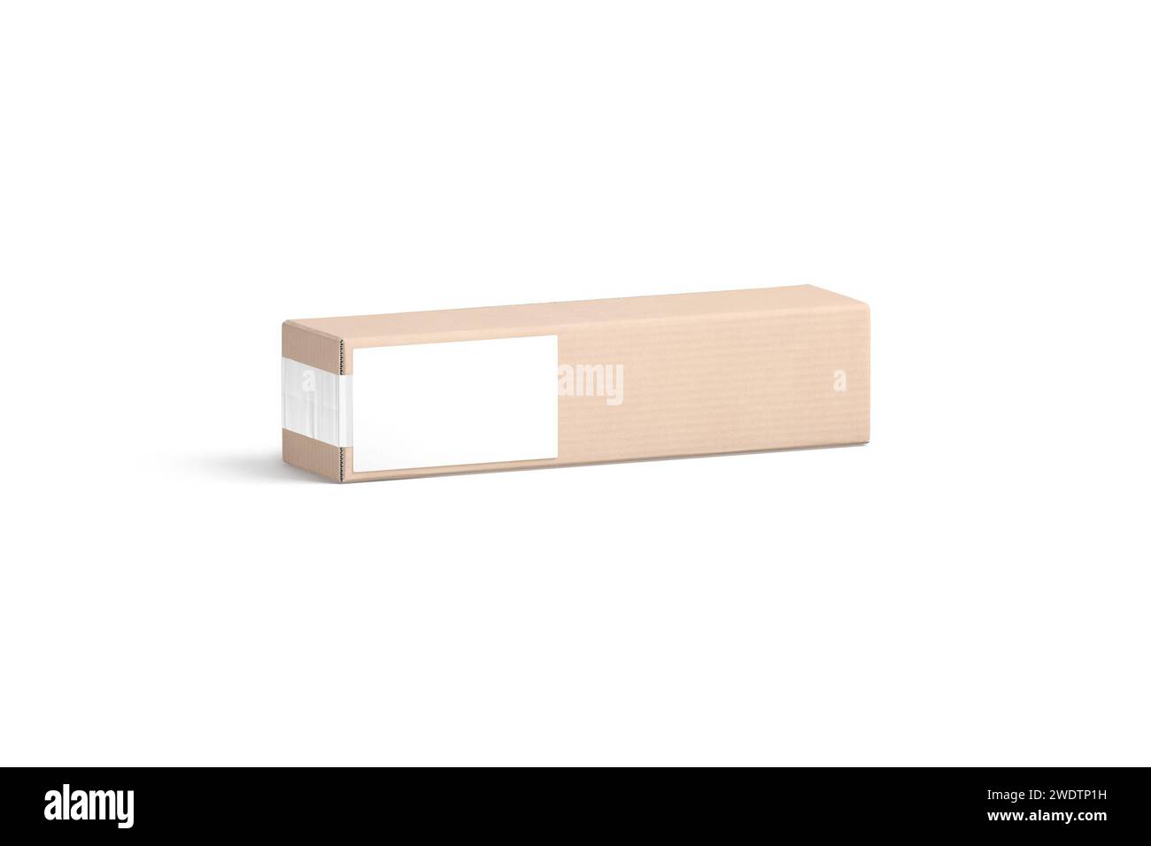 Blank white shipping label on craft box mockup, side view, 3d rendering ...